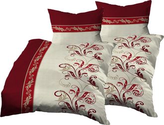 Gerald Wittmann 4teilig Bettwäsche-Set 2X 140x200 cm + 2X 70x90 cm, Baumwolle Waffel-Piqué, Blumen Rot Beige