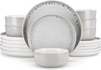 VANCASSO SNOW Service de Vaisselle pour 6 Personnes - 18 Pièces - Vaisselle Élégante en Grès avec 6 Assiettes Plates, 6 Assiettes à Dessert et 6 Bols à Céréale
