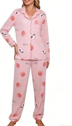 Minetom Ensembles de Pyjama Femme 2 Pi&egrave;ces Bouton V&ecirc;tements de Nuit Manches Longues Col V Chemise et Pantalon Style G 36