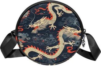 Generic Sac &agrave; bandouli&egrave;re rond pour femme, motif dragon, petit sac &agrave; dos &agrave; bandouli&egrave;re avec fermeture &eacute;clair, bretelles r&eacute;glables, sac &agrave; main rond d&eacute;contract&eacute;
