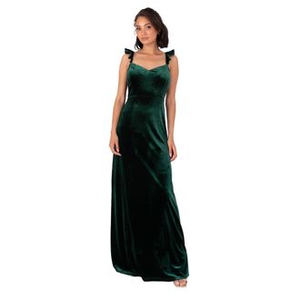 Maya Womens Long Velvet Maxi Ladies A-line Flowy Wedding Guest Bridesmaid Evening Occasion Prom Formal Party Ball Gown Dress, Emerald Green-Tie Back, 32