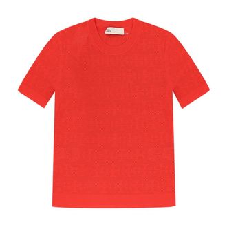 Tory Burch Geripptes Kurzarm-T-Shirt mit T-Monogramm und Rundhalsausschnitt - - Tops - Damen - Rot - XS