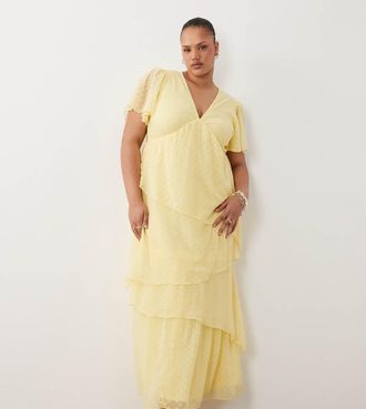 Vila VILA - Robe longueur cheville &agrave; volants &eacute;tag&eacute;s en plumetis - Jaune p&acirc;le