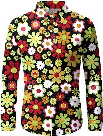 Generic Herren 70er Jahre Hemd Blumen Muster Langarm - Bunt Disco Party Hippie Kost&uuml;m Outfit Schlagerparty Fasching Karneval Retro Flower Power Oberteil Regul