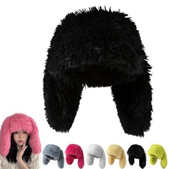 Generic Joli bonnet en peluche avec oreilles de lapin pour femme, bonnet en fourrure douce et chaude avec oreilles de lapin, Noir, Taille unique
