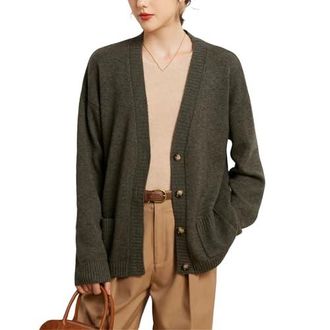 Generic Cardigan &agrave; col en V pour femme 100 % cachemire pull ample en tricot r&eacute;tro poches v&ecirc;tements dext&eacute;rieur, vert olive, Taille Unique
