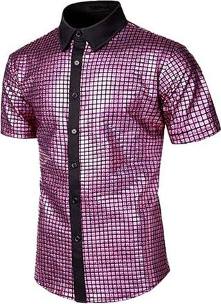 Generico Chemise disco pour homme avec paillettes D&eacute;guisement de f&ecirc;te &agrave; manches courtes pour Rave f&ecirc;te &agrave; th&egrave;me carnaval D&eacute;guisement de f&ecirc;te disco des ann&eacute;es 70