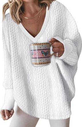 ORANDESIGNE Pull Femme Chic et Elegant Hiver Sweat Dentelle Col en V Manche Longue Couleur Unie Chandail Polaire Sweatshirt Décontracté Pulls L Blanc XXL