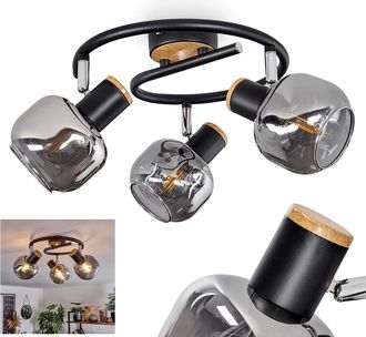 HOFSTEIN Deckenleuchte Lexington, moderne Deckenlampe aus Metall/MDF/Glas in Schwarz/Chrom/Holzoptik/Rauchfarben, Rondell im Retro/Vintage-Design m. verstellba