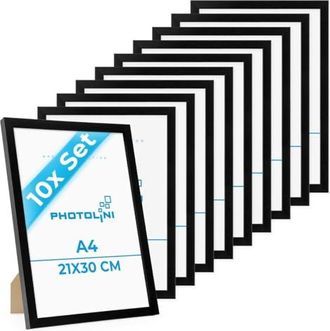 Photolini Cadre A4 21 x 30 bois MDF noir, lot de 10 cadres photo pour posters et affiches, verre acrylique incassable, décoration murale à suspendre & à poser, 