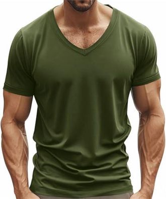 Generic T-shirts pour homme - Col en V - Manches courtes - Athlétique - Course à pied, gym, muscle - Respirant et frais, vert militaire, 3XL