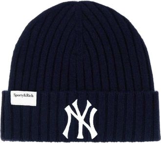 Sporty & Rich Homme, Accessoires, Bleu, Taille: ONE Size Heritage Yankees Serif Cashmere Beanie