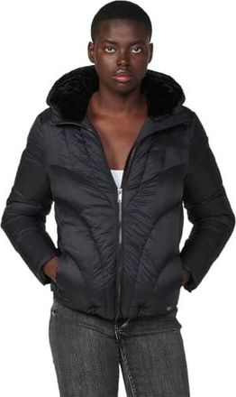 Koröshi Veste courte rembourrée de couleur noire avec capuche doublée en fourrure synthétique pour femme, de couleur noire, Noir, L