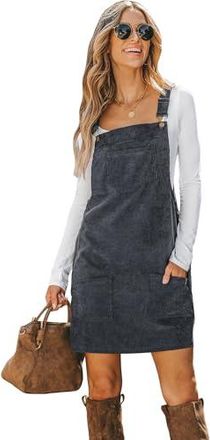 Cupshe Robe dautomne en velours côtelé avec poche avant et col carré, bretelles larges, style décontracté, gris, Taille XL