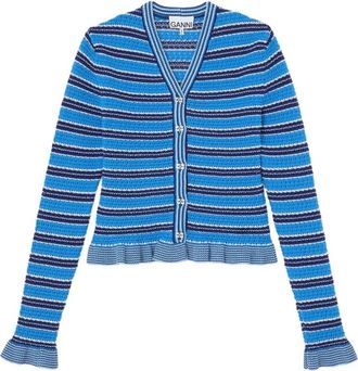 Ganni Femme, Pulls, Bleu, Taille: 40 FR Cotton Pointelle Stripe Cardigan Marina