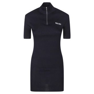 Miu Miu Geripptes Mini-Strickkleid mit Logo-Stickerei - - Dresses - Damen - Blau - S