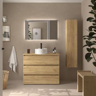 Cygnus Bath Meuble de salle de bain BEQUIA 3C 100cm Ch&ecirc;ne Vasque &agrave; poser Porcelaine Centrale