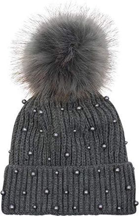 styleBREAKER Bonnet en Maille avec Pompon pour Femme, orné de Perles et avec Une Doublure en Polaire, Bonnet dhiver avec Un Pompon en Fourrure 04024155, Couleur:Gr