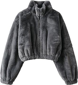 Generic Vestes dautomne et dhiver pour femme, couleur unie, courte, ample, fermeture &eacute;clair, cardigan, gris, S