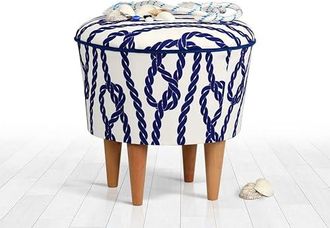 Atelier Del Sofa Stylish Pouffe with Wooden Legs, Blue & White, 42 x 42 x 42 cm | 100% Microfiber, 6 cm Orthopedic Sponge | Perfect for Impressionist Decor & Entertain