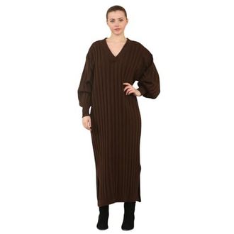 Janisramone Robe longue &agrave; col en V c&ocirc;tel&eacute;e pour femme - Manches ballon - Longue robe dhiver, marron, taille unique