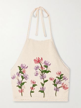 Agua Bendita Haut Raccourci Dos Nu En Boucl&eacute; De Coton M&eacute;lang&eacute; &Agrave; Broderies Et &Agrave; Appliqu&eacute;s Carlota Honeysuckle - Cr&egrave;me