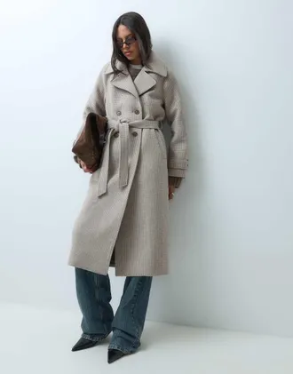 Abercrombie & Fitch trench-coat ceintur&eacute; en m&eacute;lange de laine &agrave; pied-de-poule beige-Multi