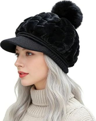 Generic Bonnets dhiver pour femmes - Couvre-chef &agrave; pompon, chapeau dhiver &eacute;l&eacute;gant &agrave; bord | Accessoire en tricot doux isol&eacute; chaud pour femmes et filles pour la