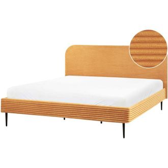 Beliani Bett Orange Cord mit Lattenrost 180 x 200 cm Metallf&uuml;&szlig;e Schwarz Hohes Kopfteil Retro Modern Polsterbett Doppelbett Schlafzimmer