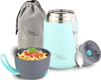 Milu Boîtes Alimentaires Isothermes 450ml I 650ml I 800ml, Boîte Isotherme Repas Chaud Porte-Aliments en Acier Inoxydable à Double Couche, Cuillère Pliante