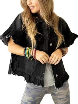 Generic Veste en jean pour femme, boutonn&eacute;e, &agrave; volants, manches courtes, d&eacute;contract&eacute;e, boutonn&eacute;e, tendance, &agrave; volants, a-noir, XL