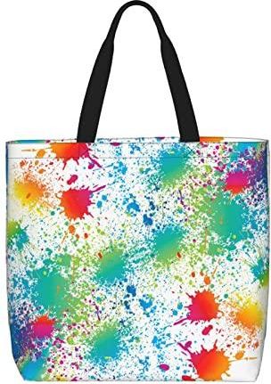 Generic Sac Fourre-Tout &Eacute;claboussures De Peinture, Motif Color&eacute; Femmes Sac &Agrave; Bandouli&egrave;re Avec Poign&eacute;es Pliable Sacs En Toile Pour Femmes, Pour &Eacute;cole, Filles, 