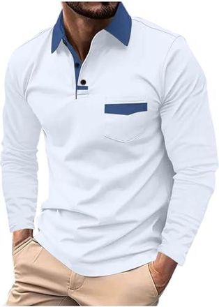Generic Polo à manches longues pour homme - Coupe ajustée - Avec poche - Boutonné - Pull décontracté, Polos blancs à manches longues pour hommes, XL