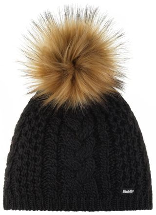 Eisb&auml;r M&uuml;tze Damen Afra Lux Schwarz - Merino f&uuml;r Frauen - mit Fleece sch&uuml;tzt vor K&auml;lte und Wind - Bommelm&uuml;tze mit Kunstfell-Pompon Pudelm&uuml;tze mit Zopfmuster 