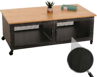 Mendler Couchtisch HWC-N28, Sofatisch, Rollen 2 F&auml;cher, 3D-Struktur Industrial Retro Metall Holz 45x120x60cm - schwarz, Natur