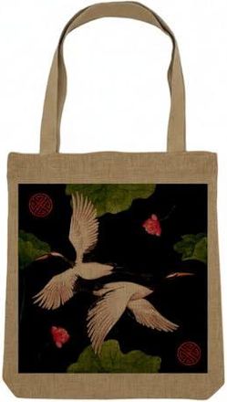 Fabulous Sac Shopping Tote Bag Aspect Lin - Grue en Vol Bleu Sombre Style Japonais Motif Estampe Design Traditional - Sac de Courses Toile Epaisse 360g Beige N