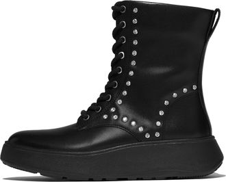 FitFlop F-Mode GEM-Trim Damen Schn&uuml;rstiefeletten aus Leder, Schwarz, Gr&ouml;&szlig;e 39, Schwarz, 40 EU