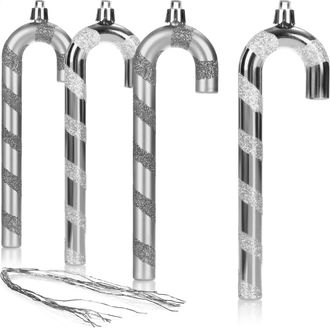 Com-Four 4X Christbaumanhänger Zuckerstange - Christbaumschmuck zum Anhängen - Weihnachtskugel in Zuckerstangen-Form - Weihnachtsbaum-Anhänger (silberfarben - 