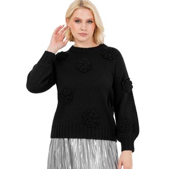 Lovedrobe Womens Jumper Ladies Round Neck Sweater Long Balloon Sleeve Floral Appliqué Elasticated Waist Cuffs Knitwear Pullover, Schwarz 48-50