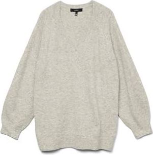 Vero Moda Vmleaf Ls Pull Long col en V Tricot, Gris Clair chiné, M Femme