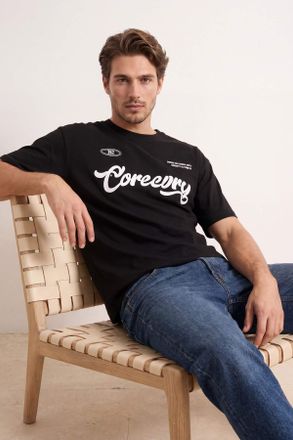 Trendyol MAN Herren Schwarz Slogan Kurz Oversize T-Shirts
