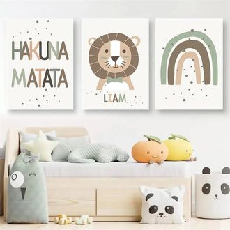 Generic 3 Poster Präom, personalisierbar, Baby, 30 x 40 cm, Poster Tiere, Kinderzimmer, Löwe, Hakuna Matata, Regenbogen, Tiere, Beige, Grün, Leinwand, Safari,
