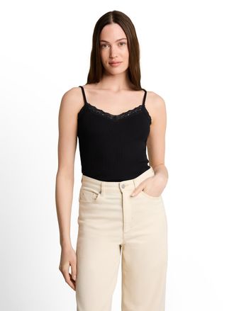 Tom Tailor Denim Spaghettitop TOM TAILOR DENIM, Damen, Gr. XXL, schwarz (deep schwarz), Feinripp, Obermaterial: 93% Baumwolle, 7% Elasthan, unifarben, k&ouml;rpernah h&uuml;ftbe