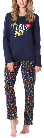 Merry Style Damen Lang Zweiteiliger Schlafanzug aus Baumwolle Pyjama Set Winter MS10-169 (Marine Geschenk, M)