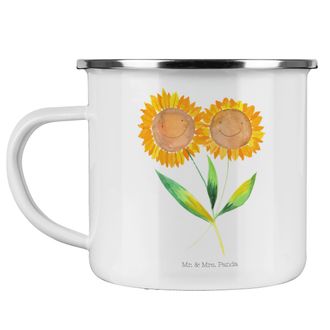 Mr. & Mrs. Panda Camping Emaille Tasse Blume Sonnenblume - Geschenk, Vertrauen, Fr&uuml;hlings Deko, Tasse Camping, Camping Becher Edelstahl
