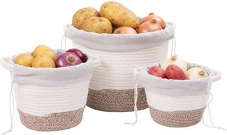 Relaxdays Kartoffel Aufbewahrung, 3er Set, Kartoffelbeutel mit Griff, Baumwolle & Polyester, versch. Gr&ouml;&szlig;en, wei&szlig;/beige