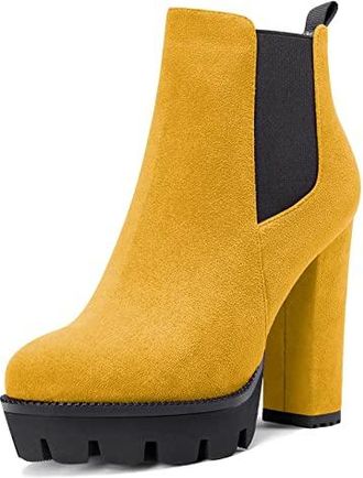 Castamere Femmes Haut High Talon Heel Bloc Chunky Plate-forme Rond Bout Bottines Slip-on Classique Bottes Jaune 39 EU