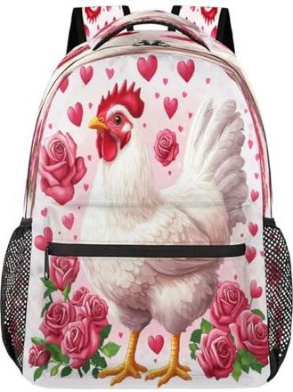 Generic Poule Blanche Roses Rouge Sac &Agrave; Dos Confort Cartables Scolaires Unisexe Cartable Scolaire Pour Sport Quotidienne Travail 29X40Cm