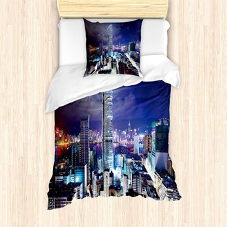 Abakuhaus Stadt Bettbezug Set, Downtown Hong Kong Night, Milbensicher Allergiker geeignet mit Kissenbezügen, 135 cm x 200 cm - 80 x 80 cm, Mehrfarbig