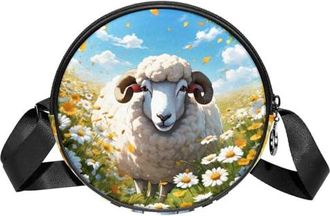 Generic Sac &agrave; bandouli&egrave;re rond pour femme, motif fleur de mouton, petit sac &agrave; bandouli&egrave;re avec fermeture &eacute;clair, bretelles r&eacute;glables, sac &agrave; main rond d&eacute;contra